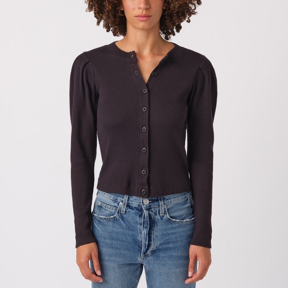AMO | Sweaters | Amo Puff Sleeve Cardigan In Vintage Black Ribbed Size ...